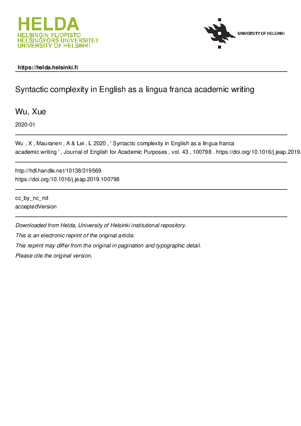 Pdf Syntactic Complexity In English As A Lingua Franca Academic Writing
