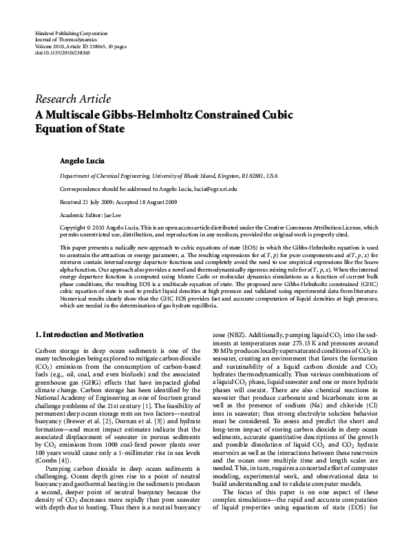 (PDF) A MultScale Gibbs-Helmholtz Constrained Cubic Equation of State