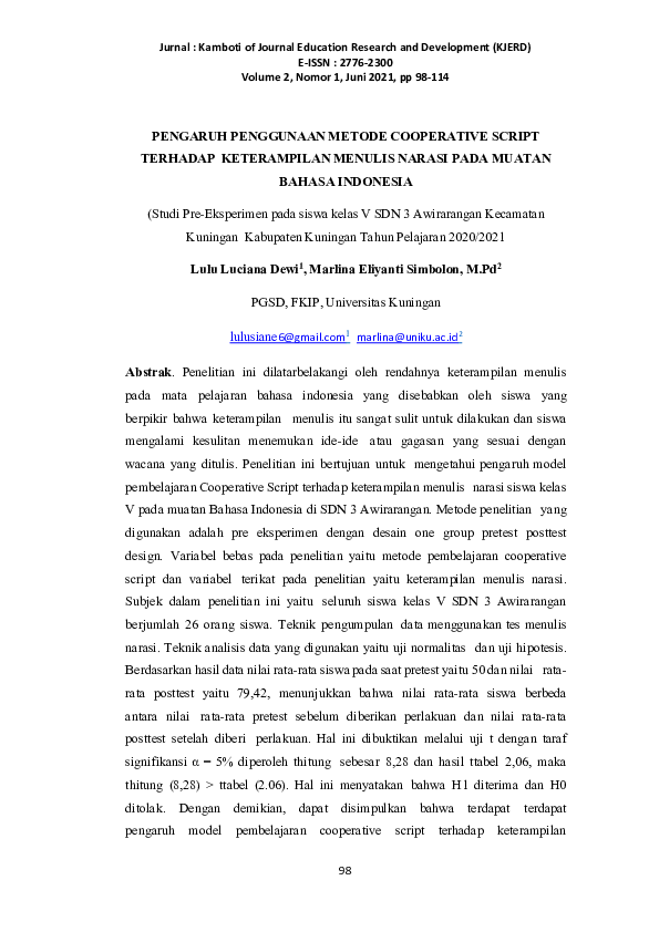 (PDF) Pengaruh Penggunaan Metode Cooperative Script Terhadap Keterampilan Menulis Narasi Pada ...