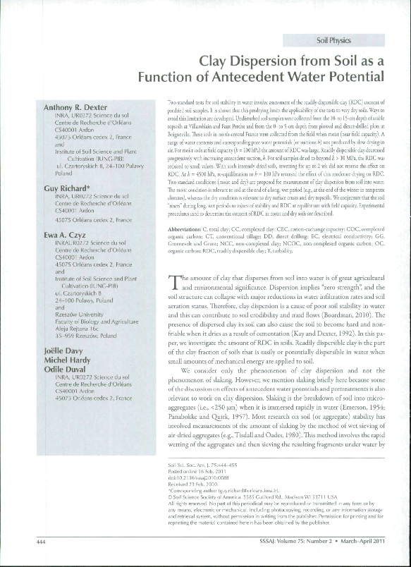 (PDF) Clay Dispersion from Soil as a Function of Antecedent Water ...