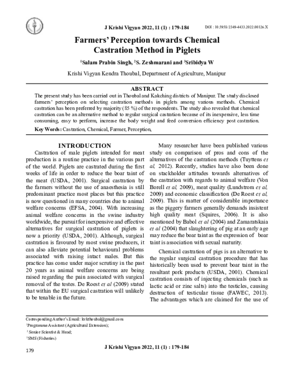 (PDF) Farmers' Perception towards Chemical Castration Method in Piglets 1