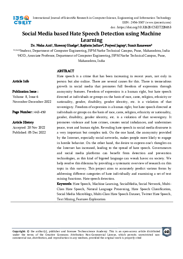 Pdf Social Media Based Hate Speech Detection Using Machine Learning