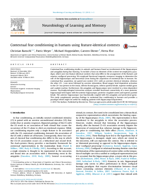 (PDF) Contextual fear conditioning in humans using feature-identical ...