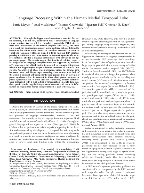 Pdf Language Processing Within The Human Medial Temporal Lobe