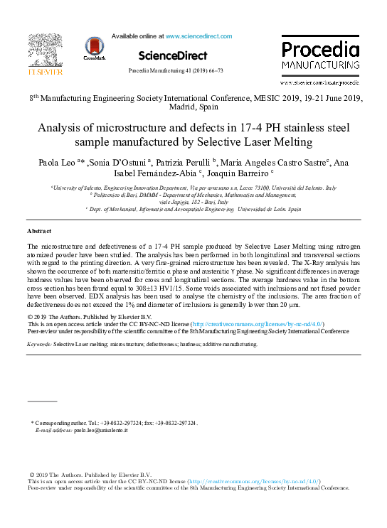 (PDF) Analysis of microstructure and defects in 17-4 PH stainless steel sample manufactured by ...
