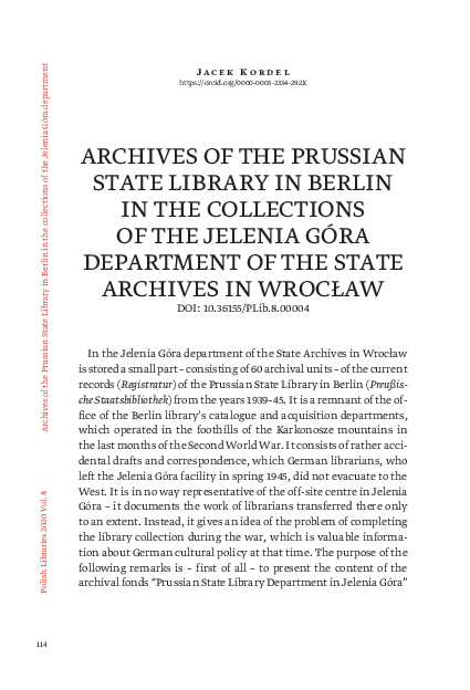 (PDF) Archives of the Prussian State Library in Berlin in the ...
