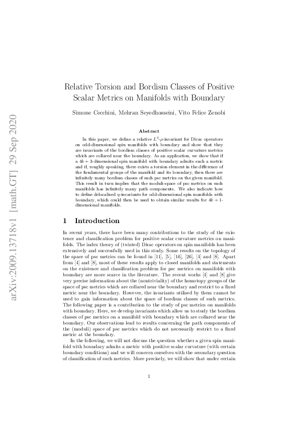 Pdf Relative Torsion And Bordism Classes Of Positive Scalar Curvature Metrics On Manifolds