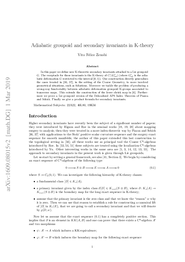 (PDF) Adiabatic groupoid and secondary invariants in K-theory