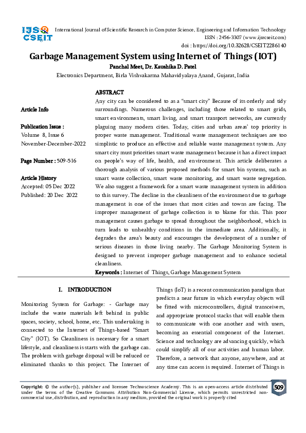 (PDF) Garbage Management System using Internet of Things (IOT)