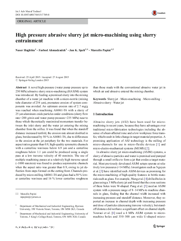 (PDF) High pressure abrasive slurry jet micro-machining using slurry ...
