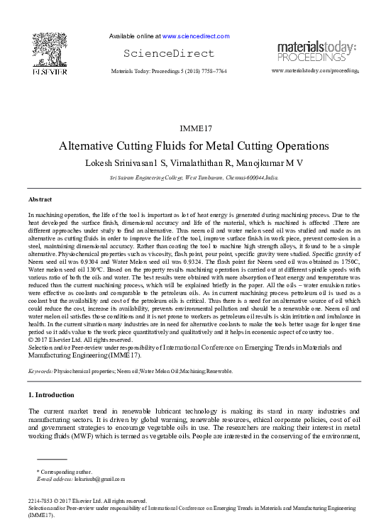 (PDF) Alternative Cutting Fluids for Metal Cutting Operations