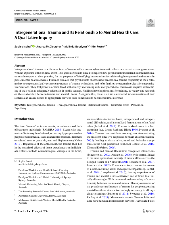 (PDF) Intergenerational Trauma and Its Relationship to Mental Health ...