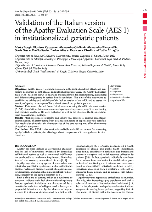 (PDF) Validation of the Italian version of the Apathy Evaluation Scale ...