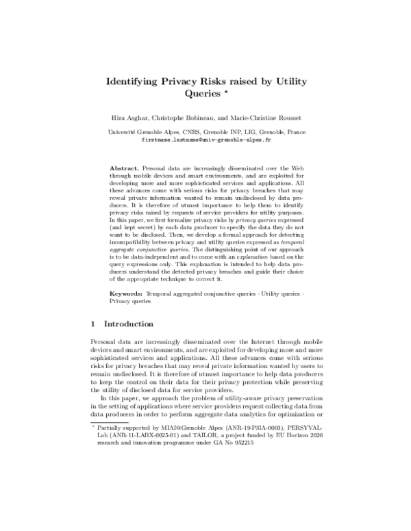 (PDF) Identifying Privacy Risks raised by Utility Queries