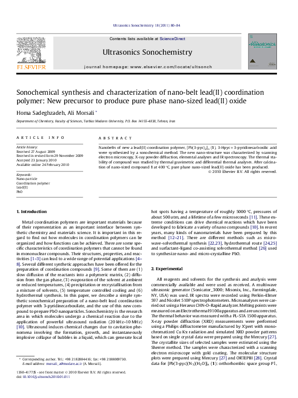 Pdf Sonochemical Synthesis And Characterization Of Nano Belt Lead Ii
