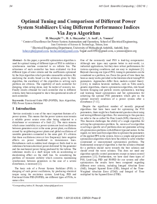 (PDF) Optimal Tuning and Comparison of Different Power System Stabilizers Using Different ...