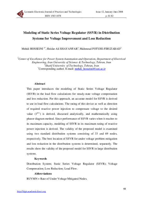 Pdf Modeling Of Static Series Voltage Regulator Ssvr In Distribution Systems For Voltage