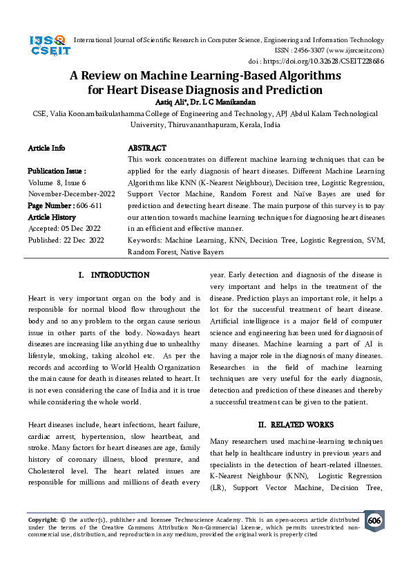 (PDF) A Review on Machine Learning-Based Algorithms for Heart Disease Diagnosis and Prediction