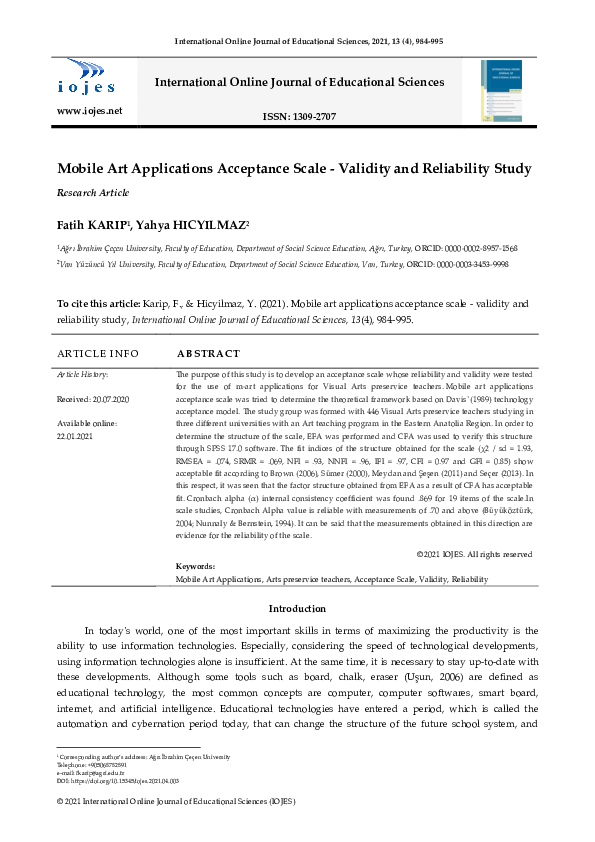 (PDF) Mobile Art Applications Acceptance Scale - Validity and Reliability Study