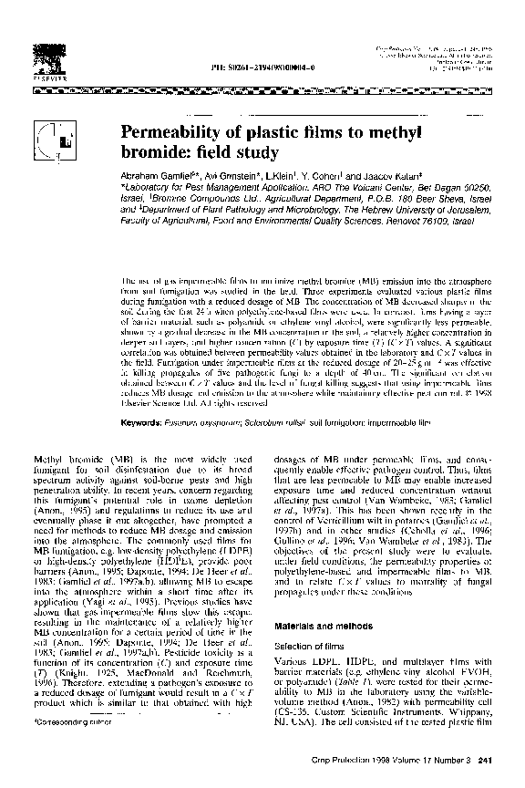(PDF) Permeability of plastic films to methyl bromide: field study