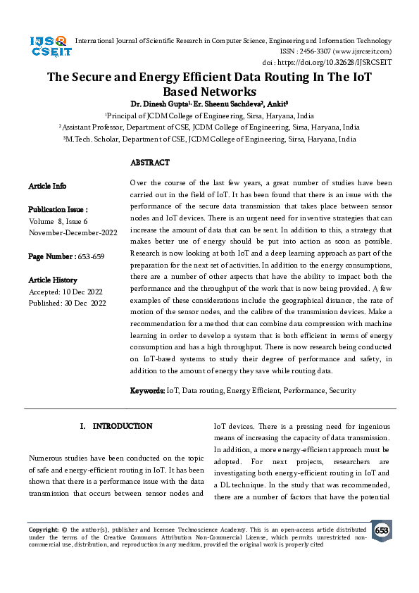 Pdf The Secure And Energy Efficient Data Routing In The Iot Based Networks
