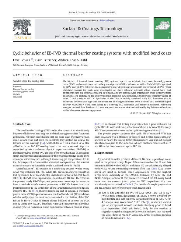 (PDF) Cyclic behavior of EB-PVD thermal barrier coating systems with ...