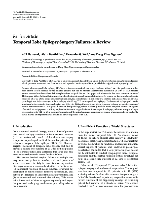 (PDF) Temporal Lobe Epilepsy Surgery Failures: A Review