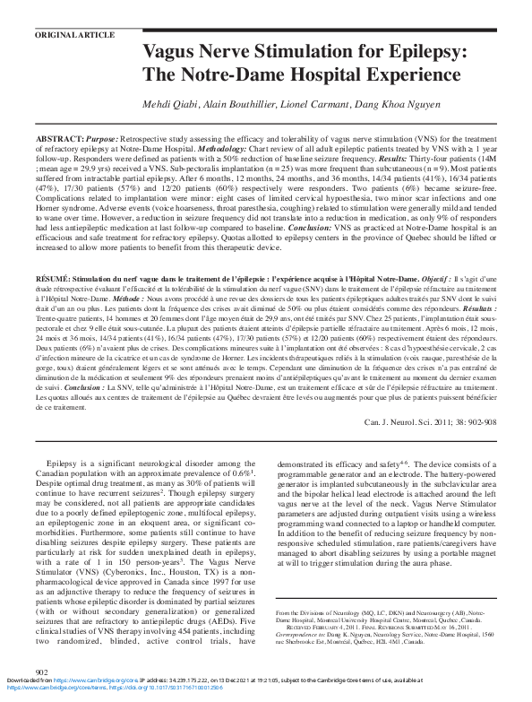 (PDF) Vagus Nerve Stimulation for Epilepsy: The Notre-Dame Hospital ...