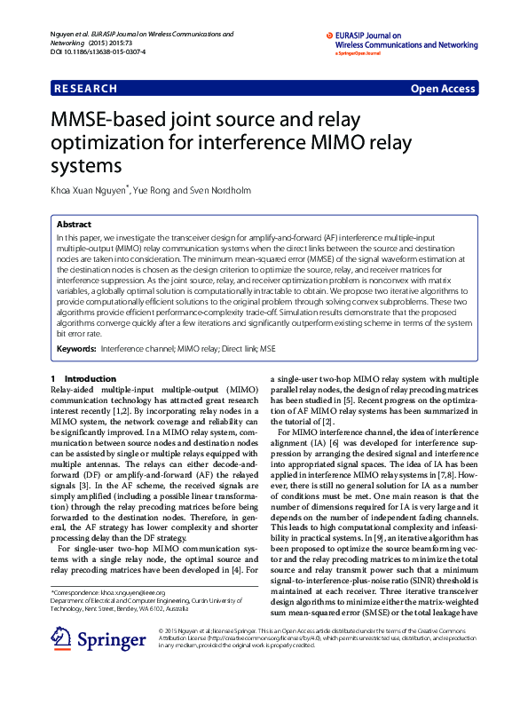 Pdf Mmse Based Joint Source And Relay Optimization For Interference Mimo Relay Systems