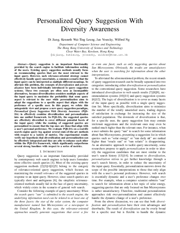(PDF) Personalized Query Suggestion With Diversity Awareness | Kenneth Leung - Academia.edu