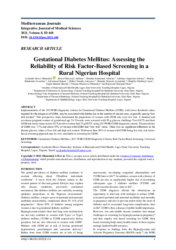 (PDF) Gestational Diabetes Mellitus: Assessing the Reliability of Risk ...