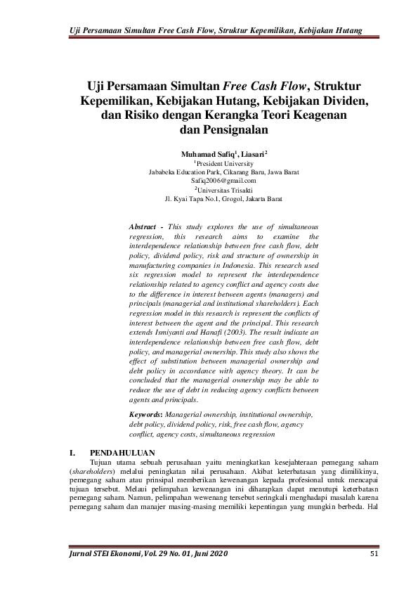 (PDF) Uji Persamaan Simultan Free Cash Flow, Struktur Kepemilikan, Kebijakan Hutang, Kebijakan ...