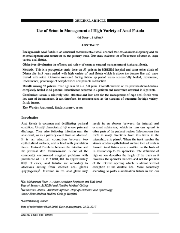 (PDF) Use of Seton in Management of High Variety of Anal Fistula