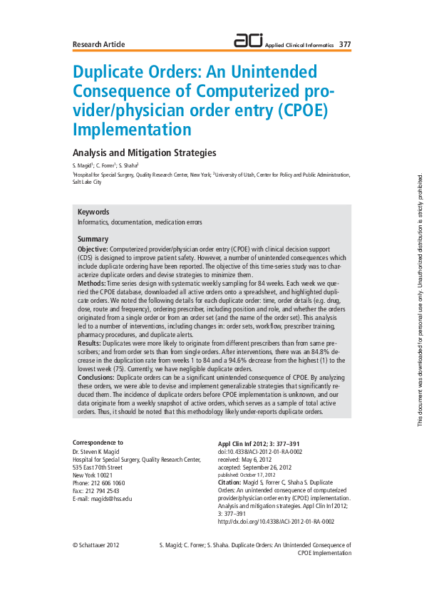 (PDF) Duplicate orders: an unintended consequence of computerized provider/physician order entry ...