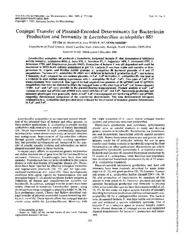 Pdf Conjugal Transfer Of Plasmid Encoded Determinants For Bacteriocin Production And Immunity