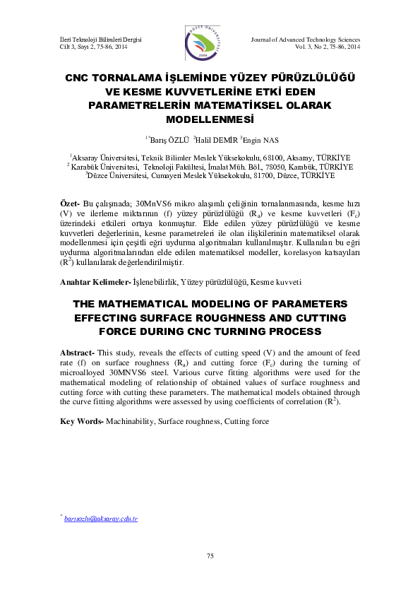(PDF) The Mathematical Modeling of Parameters Effecting Surface Roughness and Cutting Force ...