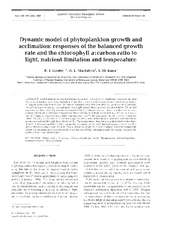 (PDF) Dynamic model of phytoplankton growth and acclimation:responses of the balanced growth ...
