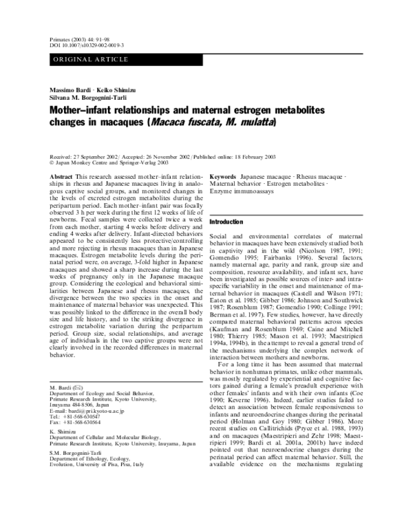 (PDF) Mother-infant relationships and maternal estrogen metabolites ...