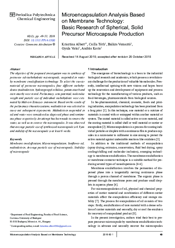 (PDF) Microencapsulation Analysis Based on Membrane Technology: Basic Research of Spherical ...