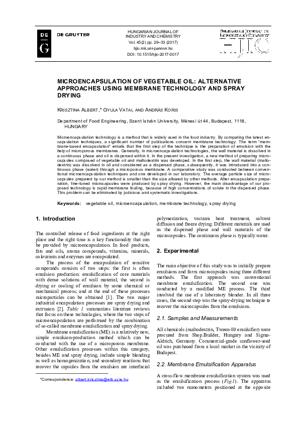 (PDF) Microencapsulation of Vegetable Oil: Alternative Approaches Using Membrane Technology and ...