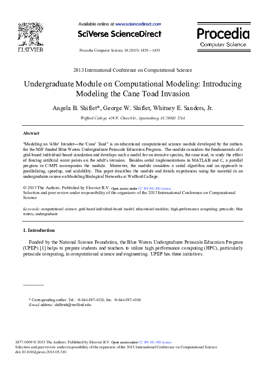 (PDF) Undergraduate Module on Computational Modeling: Introducing Modeling the Cane Toad Invasion