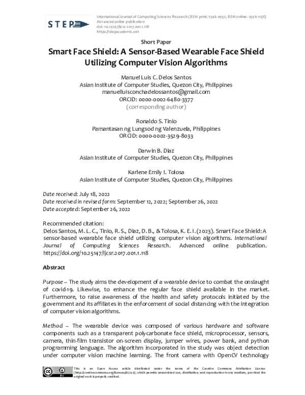 (PDF) Smart Face Shield: A Sensor-Based Wearable Face Shield Utilizing ...