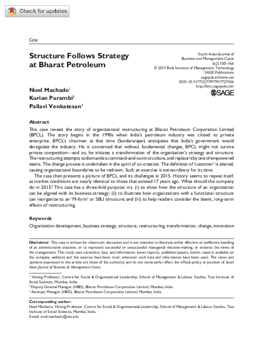 (PDF) Structure Follows Strategy at Bharat Petroleum