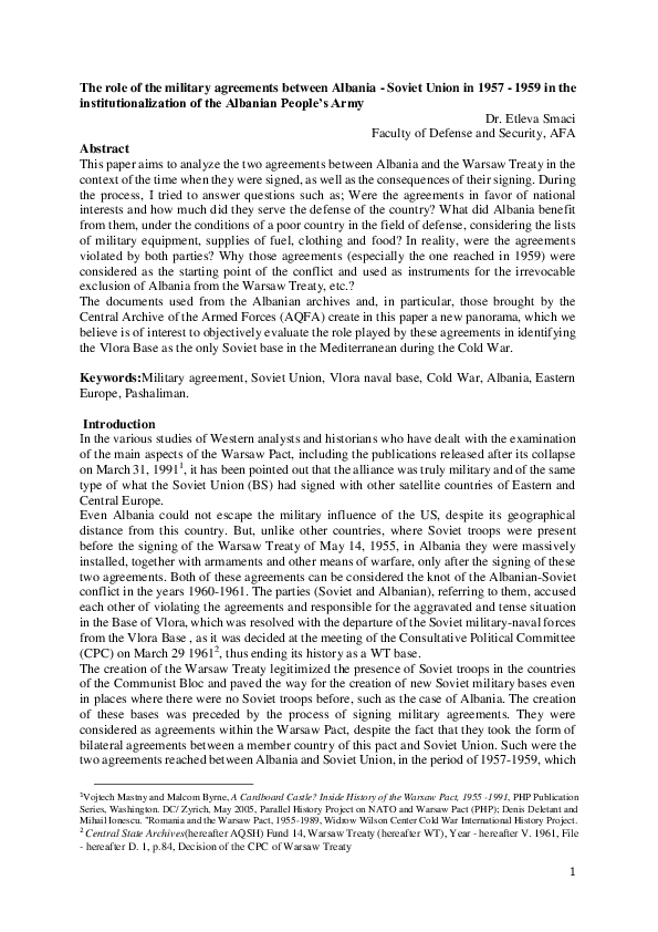 (PDF) The role of the military agreements between Albania -Soviet Union ...
