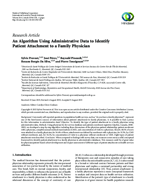 (PDF) An Algorithm Using Administrative Data to Identify Patient Attachment to a Family Physician