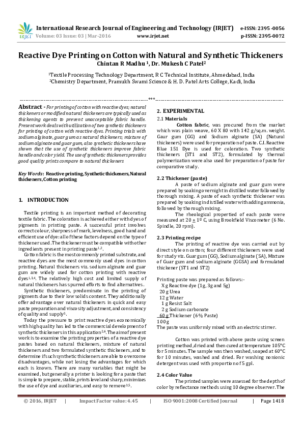 (PDF) Reactive Dye Printing on Cotton with Natural and Synthetic Thickeners