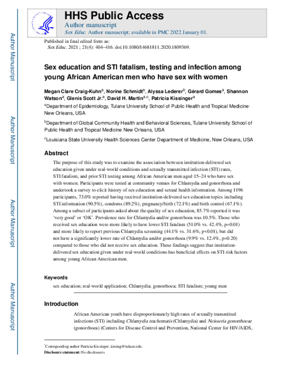 (PDF) Sex education and STI fatalism, testing and infection among young ...