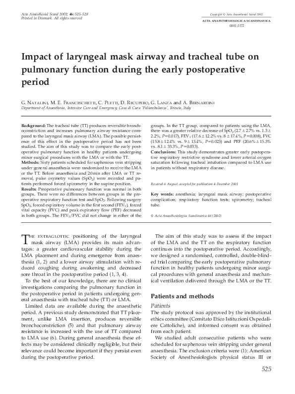(PDF) Impact of laryngeal mask airway and tracheal tube on pulmonary ...