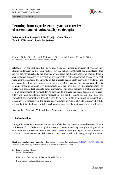 Pdf Learning From Experience A Systematic Review Of Assessments Of Vulnerability To Drought