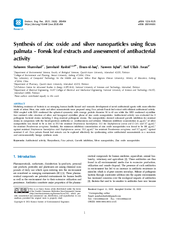 (PDF) Synthesis of zinc oxide and silver nanoparticles using ficus palmata - Forssk leaf ...